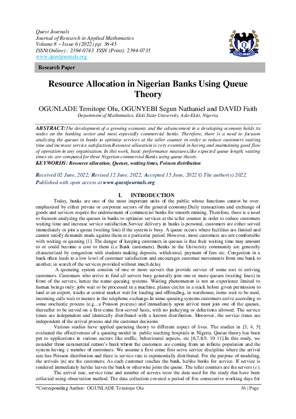 (PDF) Resource Allocation in Nigerian Banks Using Queue Theory