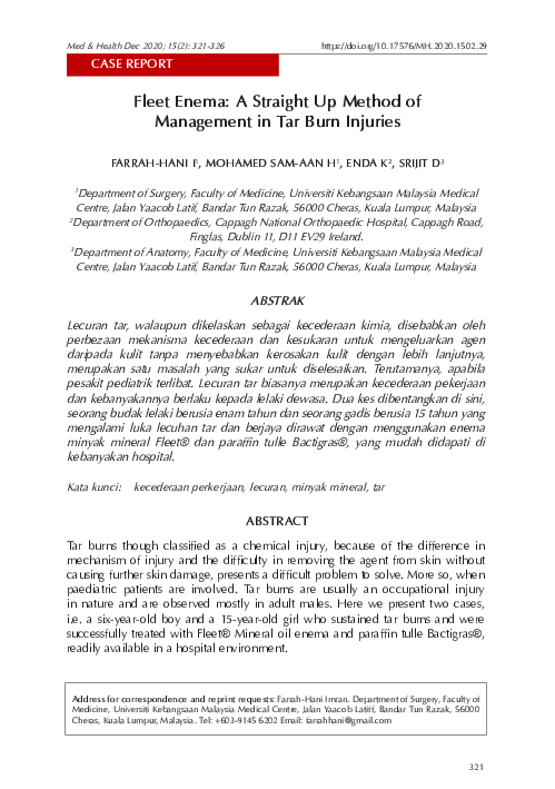 (PDF) Fleet Enema: A Straight Up Method of Management in Tar Burn Injuries