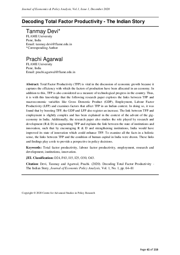(PDF) Decoding Total Factor Productivity - The Indian Story