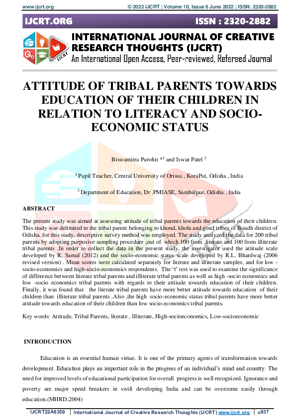 (PDF) ATTITUDE OF TRIBAL PARENTS TOWARDS EDUCATION OF THEIR CHILDREN IN RELATION TO LITERACY AND ...