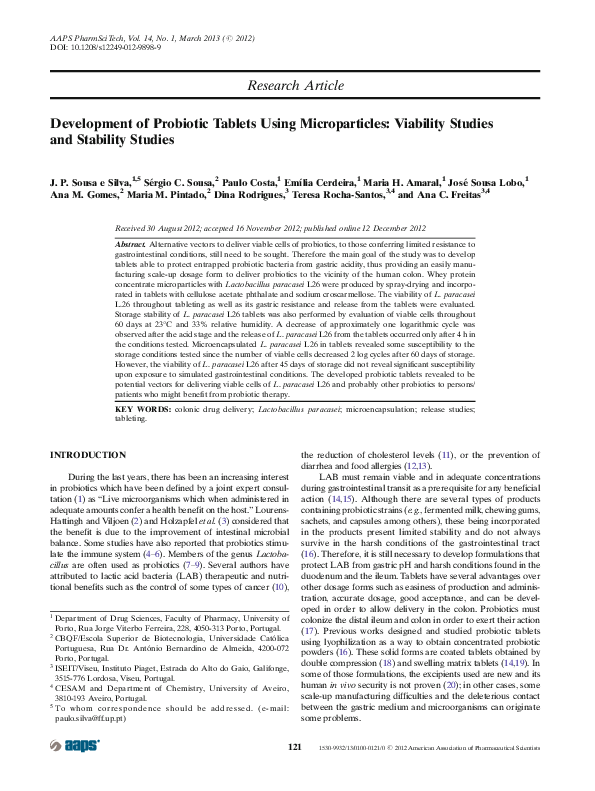 (PDF) Development of Probiotic Tablets Using Microparticles: Viability ...