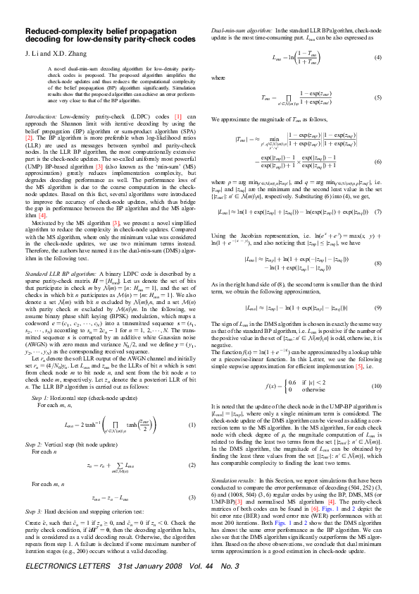 (PDF) Reduced-complexity belief propagation decoding for low-density parity-check codes