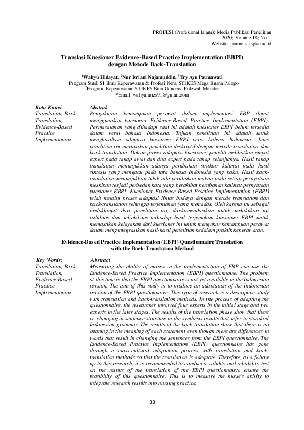 (PDF) Translasi Kuesioner Evidence-Based Practice Implementation (EBPI ...