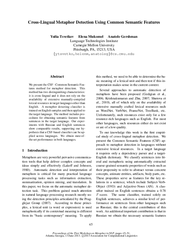 Pdf Cross Lingual Metaphor Detection Using Common Semantic Features