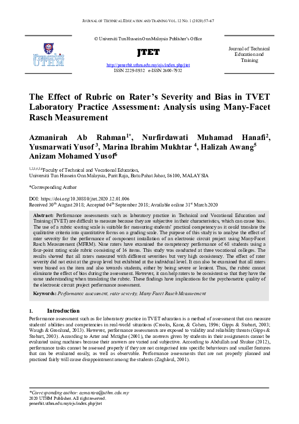 (PDF) The effect of rubric on rater's severity and bias in TVET laboratory practice assessment ...