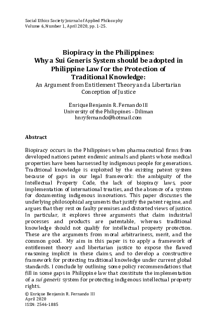 (PDF) Biopiracy in the Philippines: Why a Sui Generis System should be ...