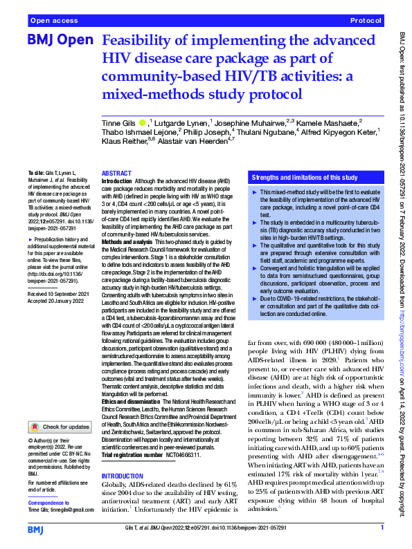 (PDF) Feasibility of implementing the advanced HIV disease care package ...