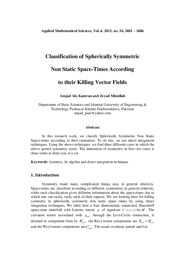 Pdf Classification Of Spherically Symmetric Non Static Space Times