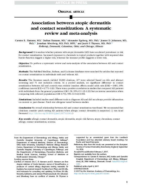 (PDF) Association between atopic dermatitis and contact sensitization: A systematic review and ...
