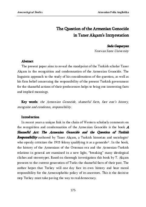 (PDF) The Question of the Armenian Genocide in Taner Akçam’s Intrpretation