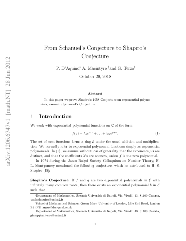(PDF) From Schanuel’s Conjecture to Shapiro’s Conjecture