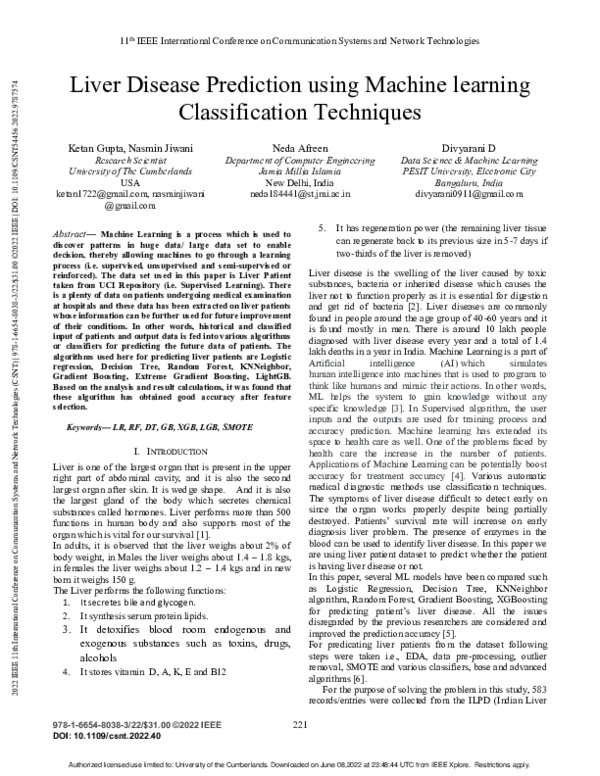 Pdf Liver Disease Prediction Using Machine Learning Classification Techniques