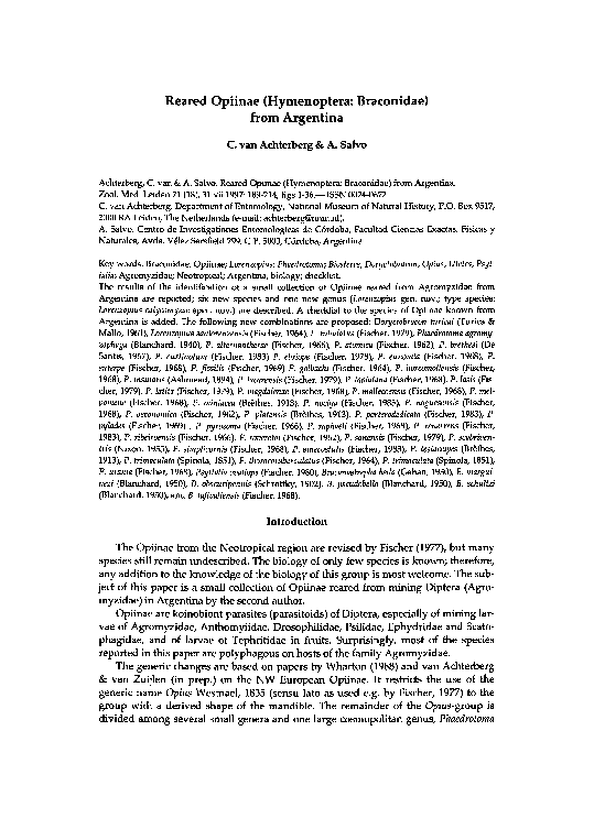 (PDF) Reared Opiinae (Hymenoptera: Braconidae) from Argentina