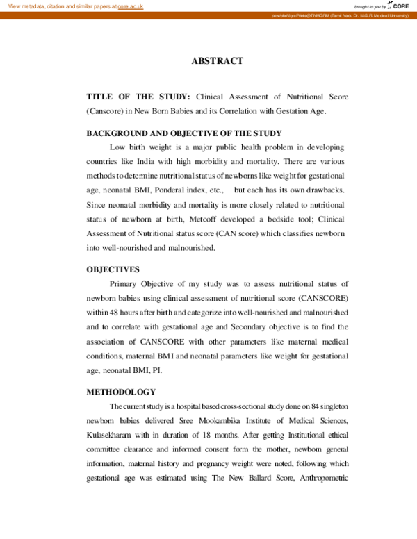 (PDF) Clinical Assessment of Nutritional Score Canscore in New Born ...