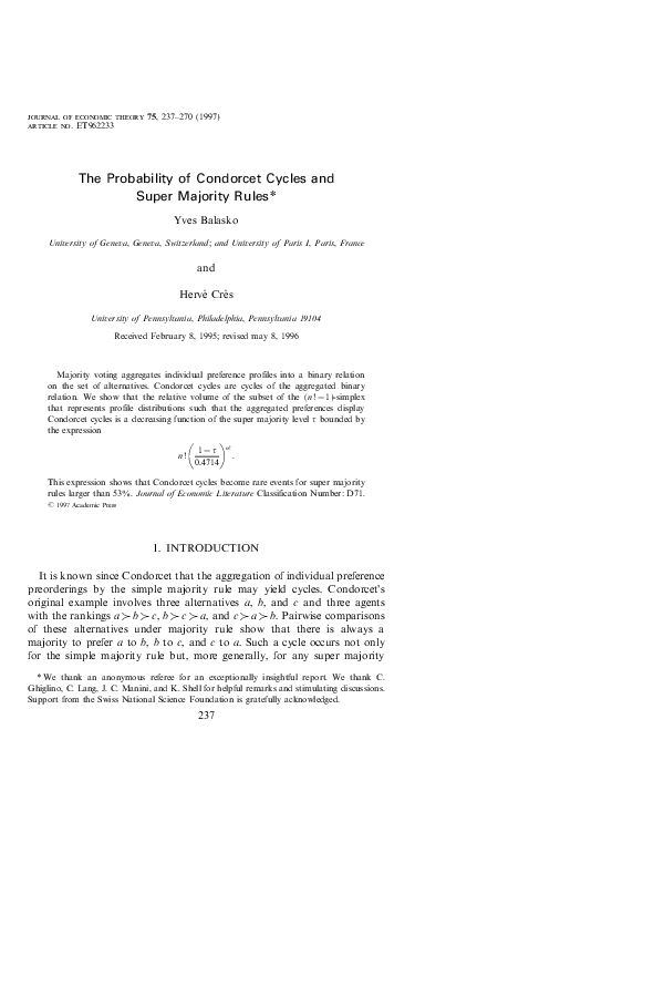 (PDF) The Probability of Condorcet Cycles and Super Majority Rules ...