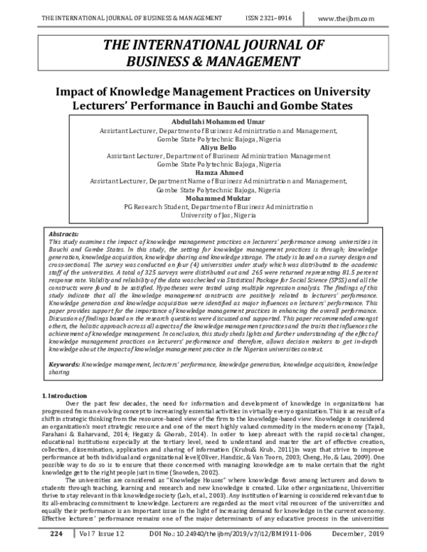 (PDF) Impact of Knowledge Management Practices on University Lecturers’ Performance in Bauchi ...