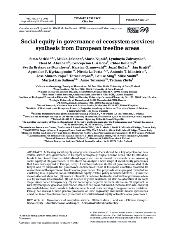 (PDF) Social equity in governance of ecosystem services: Synthesis from ...