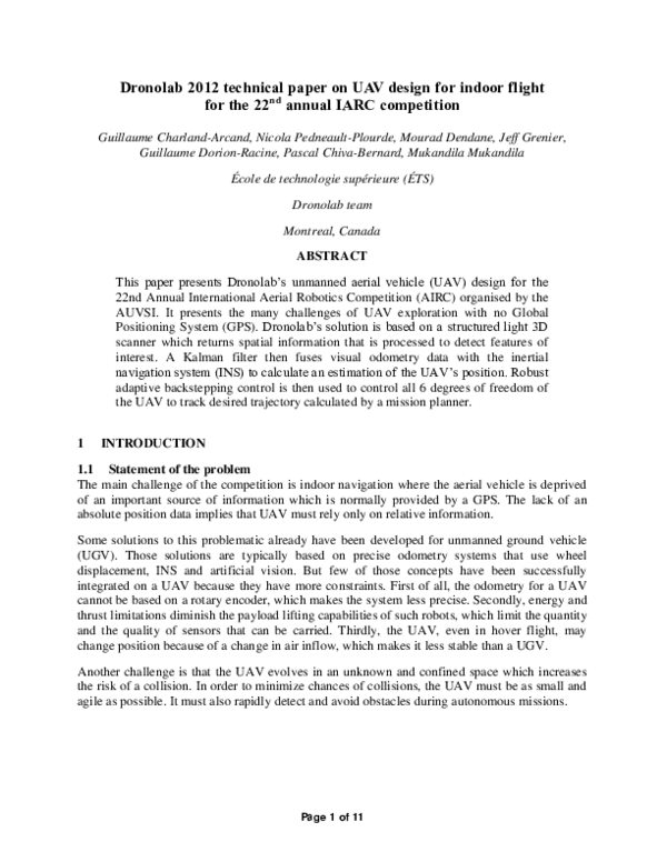 (PDF) Dronolab 2013 technical paper on UAV design for indoor flight for ...