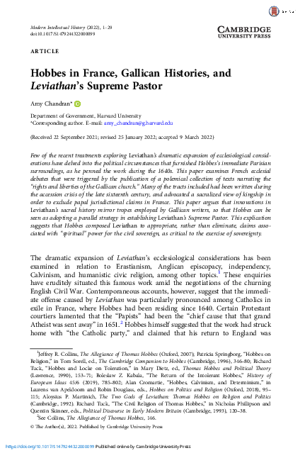 (PDF) Hobbes in France, Gallican Histories, and Leviathan 's Supreme Pastor