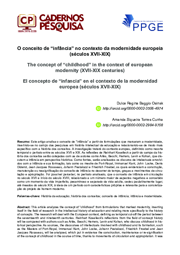 (PDF) O Conceito De “Infância” No Contexto Da Modernidade Europeia (Séculos XVII-XIX)