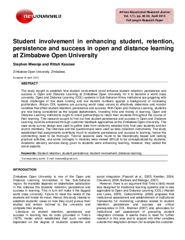 (PDF) Student involvement in enhancing student, retention, persistence ...