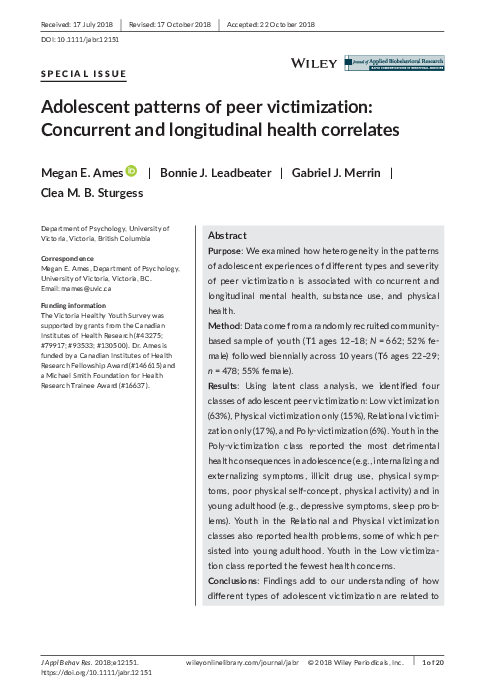 Pdf Adolescent Patterns Of Peer Victimization Concurrent And Longitudinal Health Correlates