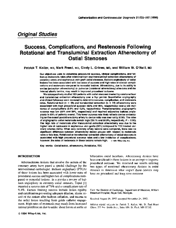 (PDF) Atherectomy Outcomes for Ostial Stenoses