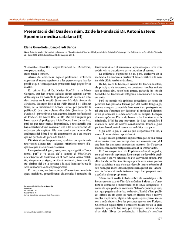 (PDF) Presentació del Quadern núm. 22 de la Fundació Dr.Antoni Esteve ...