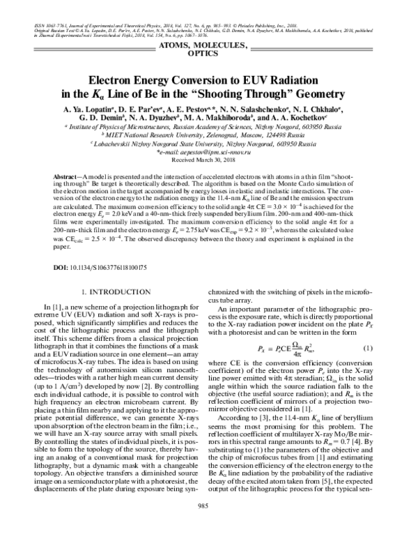 (PDF) Electron Energy Conversion to EUV Radiation in the Kα Line of Be ...