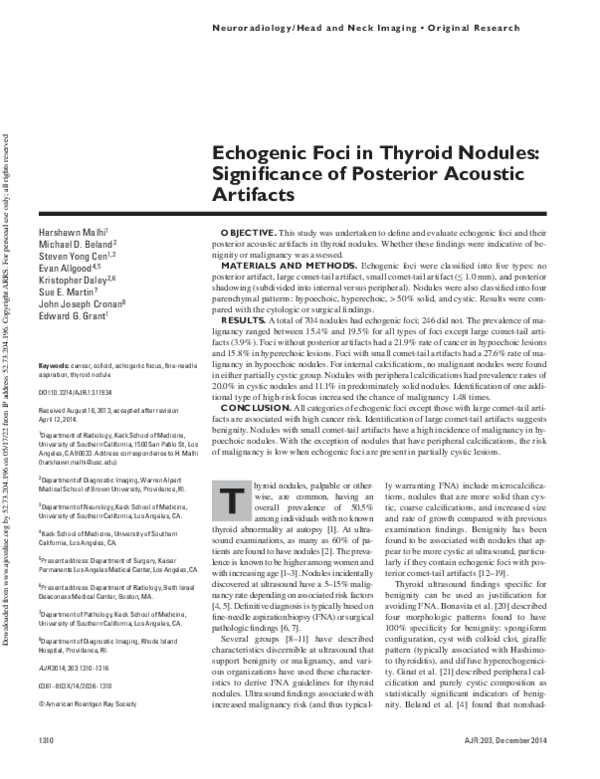 Pdf Echogenic Foci In Thyroid Nodules Significance Of Posterior Acoustic Artifacts John