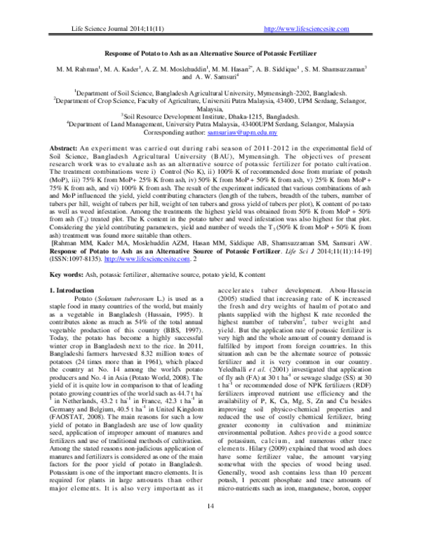 (PDF) Response of Potato to Ash as an Alternative Source of Potassic ...