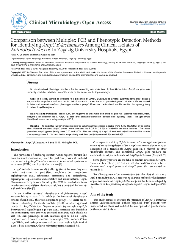 Pdf Comparison Between Multiplex Pcr And Phenotypic Detection Methods For Identifying Ampc B