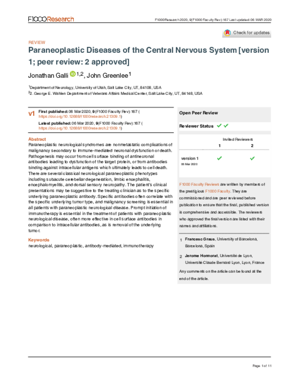 (PDF) Paraneoplastic Diseases of the Central Nervous System