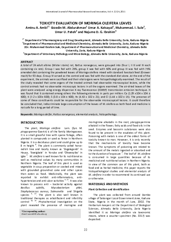 (PDF) Toxicity Evaluation of Moringa Oleifera Leaves