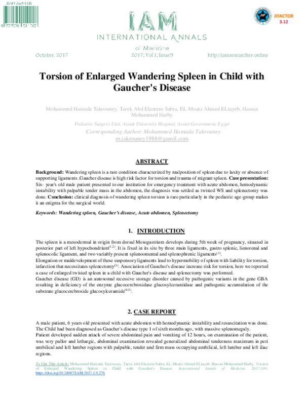 (PDF) Torsion of Enlarged Wandering Spleen in Child with Gaucher's Disease