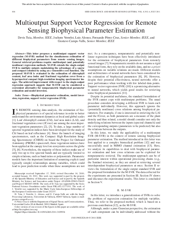 Pdf Multioutput Support Vector Regression For Remote Sensing Biophysical Parameter Estimation