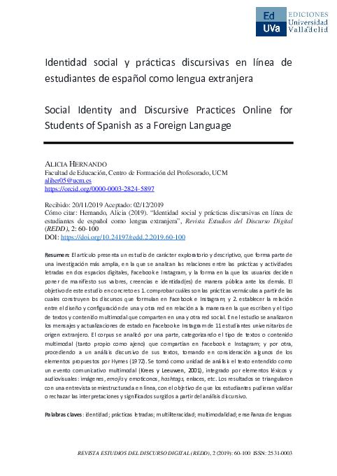 (PDF) Identidad social y prácticas discursivas en línea de estudiantes ...