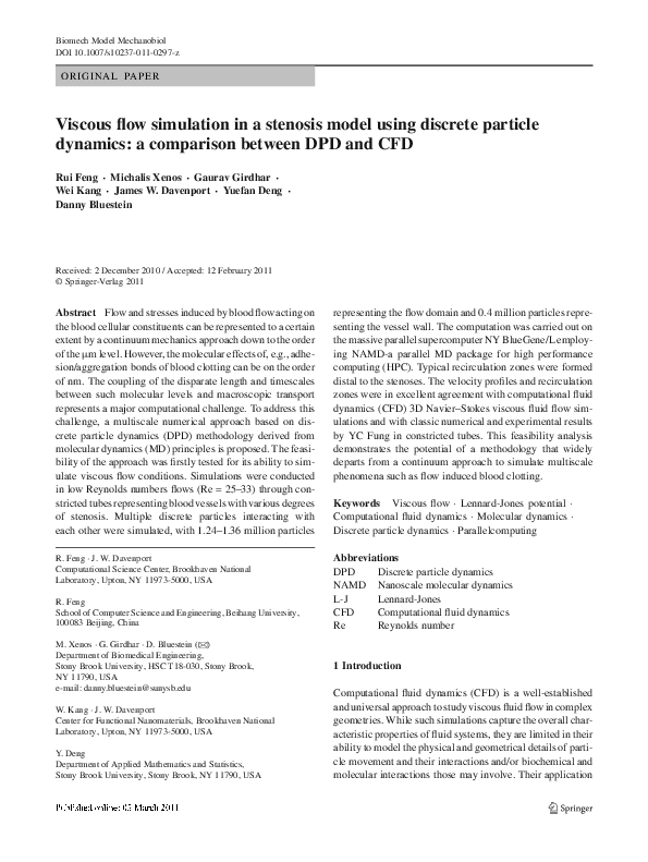 Pdf Viscous Flow Simulation In A Stenosis Model Using Discrete Particle Dynamics A Comparison