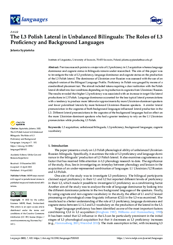 (PDF) The L3 Polish Lateral in Unbalanced Bilinguals: The Roles of L3 ...