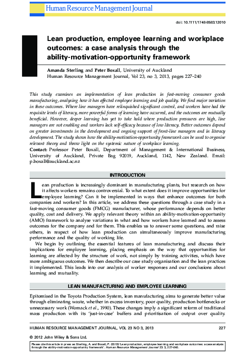 (PDF) Lean production, employee learning and workplace outcomes: a case ...