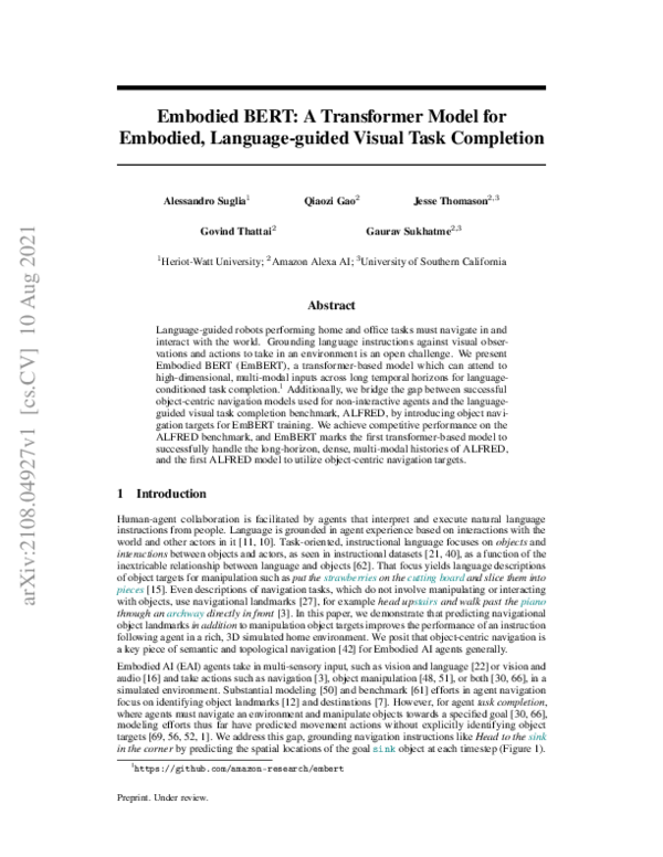 Embodied BERT: A Transformer Model for Embodied, Language-guided Visual Task Completion