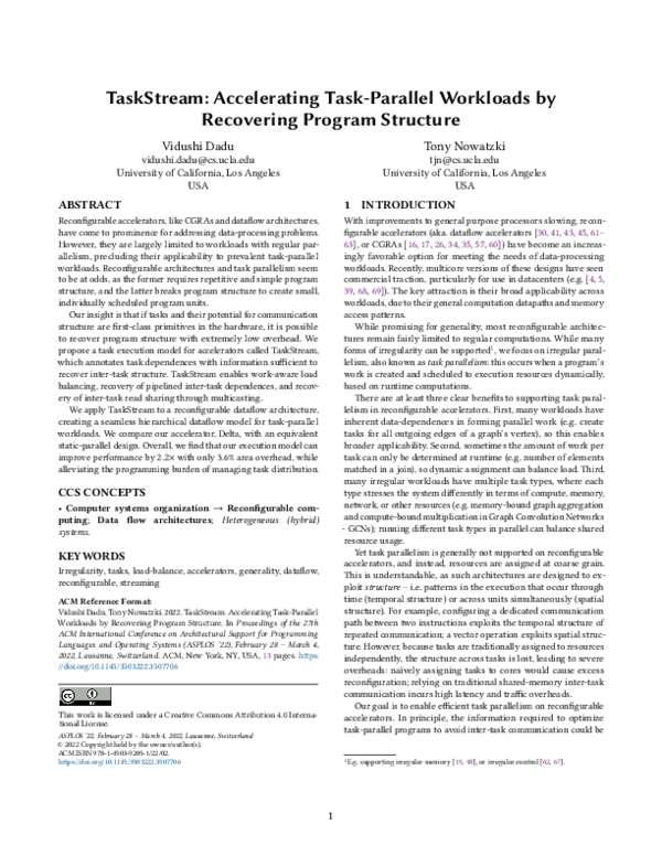 Pdf Taskstream Accelerating Task Parallel Workloads By Recovering Program Structure