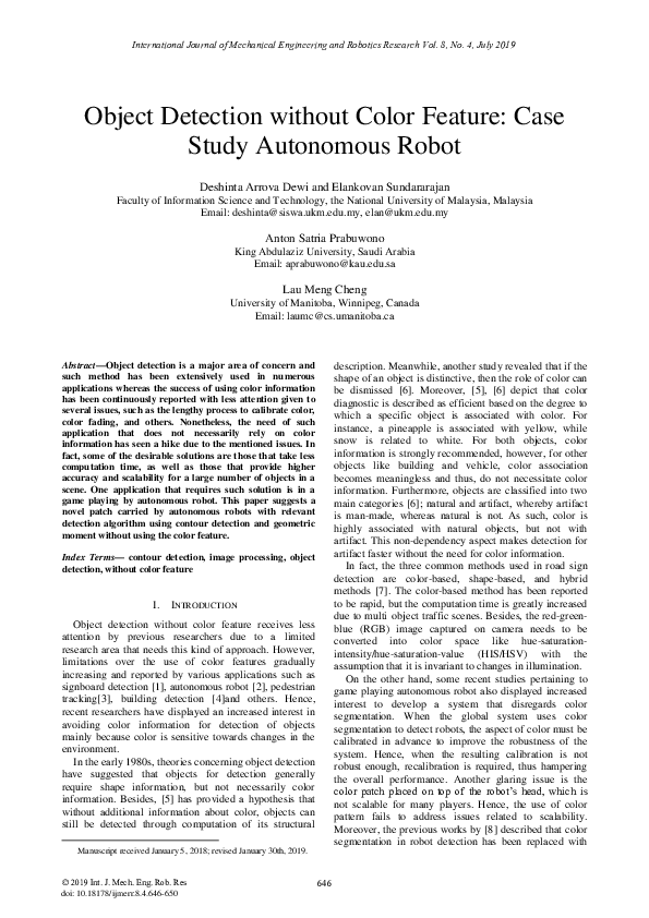 (PDF) Object Detection without Color Feature: Case Study Autonomous Robot