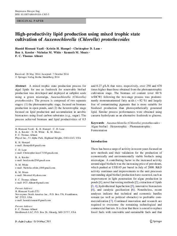 (PDF) High-productivity lipid production using mixed trophic state ...