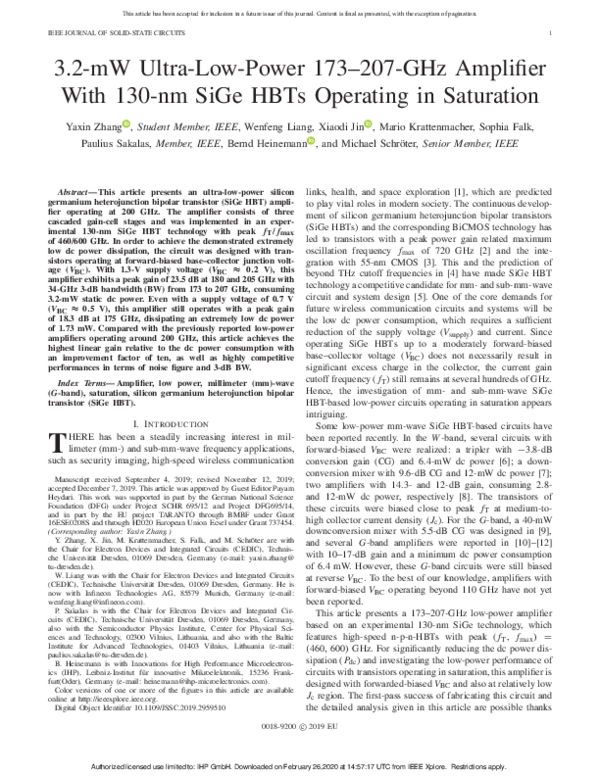 (PDF) Ultra-Low-Power 200 GHz SiGe HBT Amplifier