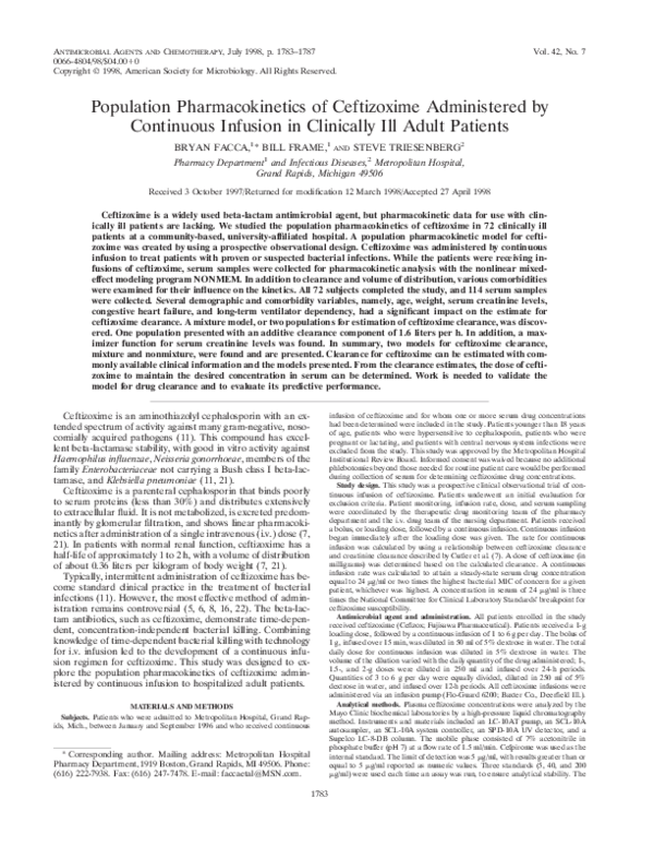 (PDF) Population Pharmacokinetics of Ceftizoxime Administered by Continuous Infusion in ...
