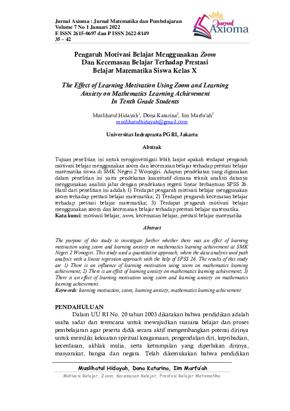(PDF) Pengaruh Motivasi Belajar Menggunakan Zoom dan Kecemasan Belajar Terhadap Prestasi Belajar ...