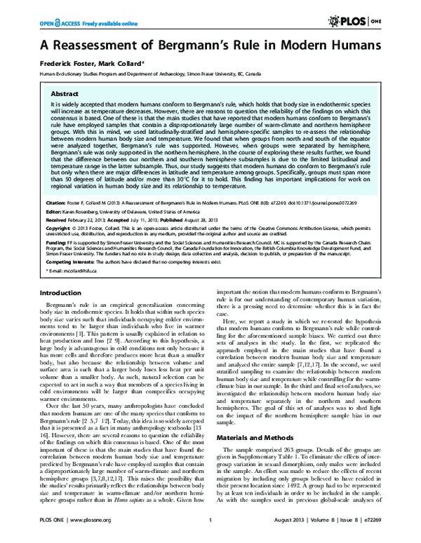 (PDF) A Reassessment of Bergmann's Rule in Modern Humans