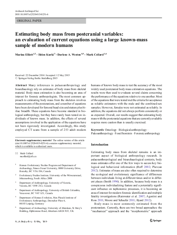 (PDF) Estimating body mass from postcranial variables: an evaluation of ...