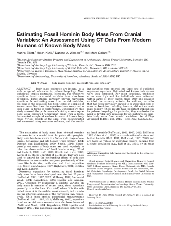 (PDF) Estimating fossil hominin body mass from cranial variables: An ...